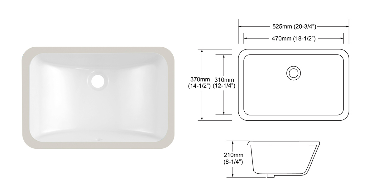 medium size wash basin white 20-inch rectangle undermount sink for bathroom 52 cm under counter ...